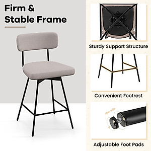 COSTWAY Bar Stools Set of 4, 25” Upholstered Counter Height Bar Stools with Back, 360° Swivel Dining Chairs with Heavy-Duty Metal Legs and Footrests, for Kitchen Island, Dining Room, Bar (4, Beige)