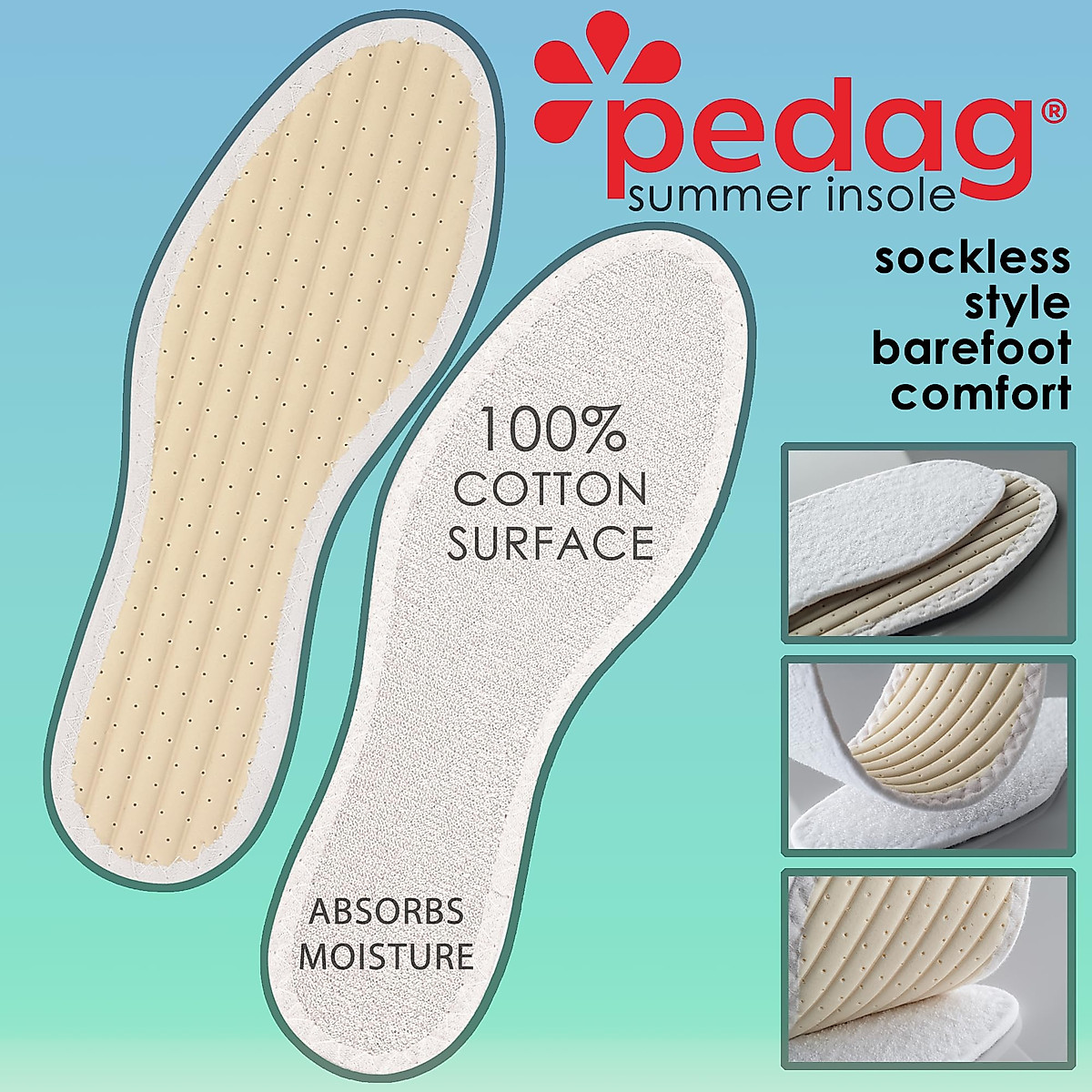 Pedag Summer | Terry Cotton Sockless Insoles | Barefoot Inserts | Handmade in Germany | Absorbs Sweat & Controls Odor | Wear Without Socks | Washable | US 11M/EU 44 | White | 3 Pair