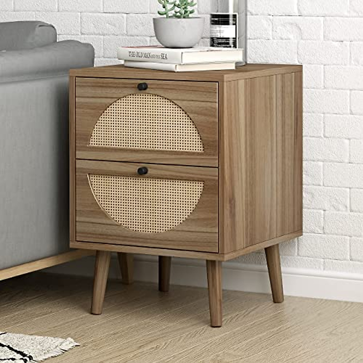 FOKWE Rustic Rattan Nightstand 2-Drawer, End Table Side Table Wooden Coffee Table with Storage and Solid Wood Legs for Living Room, Bedroom(Walnut,2 Pack), Walnut-2 Drawers-2 Packs,