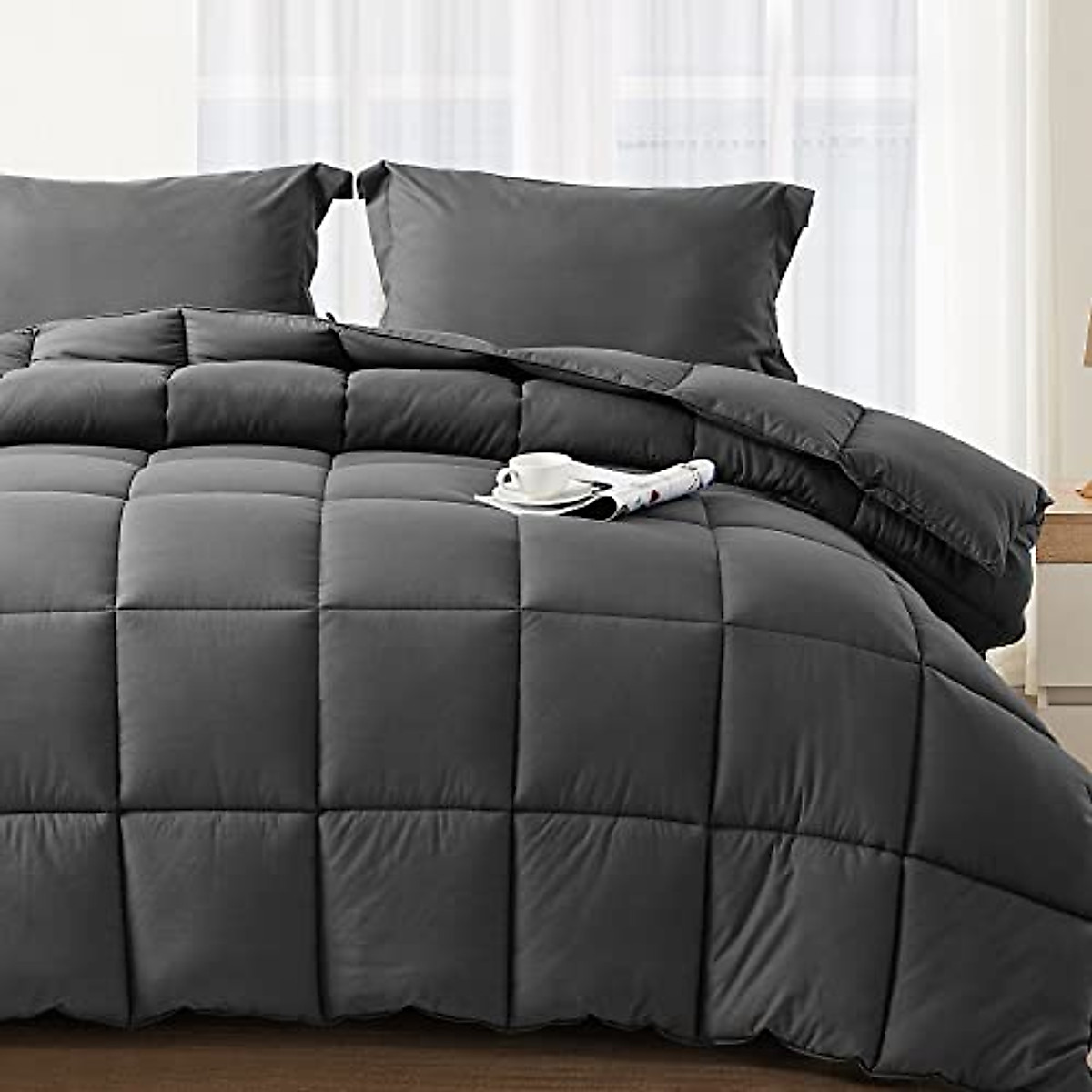 BEDHOURS Queen Comforter Set-3 Pieces Cooling Down Alternative Queen Size-All Season Reversible Comforter with 2 Pillow Sham (Dark Grey Queen)