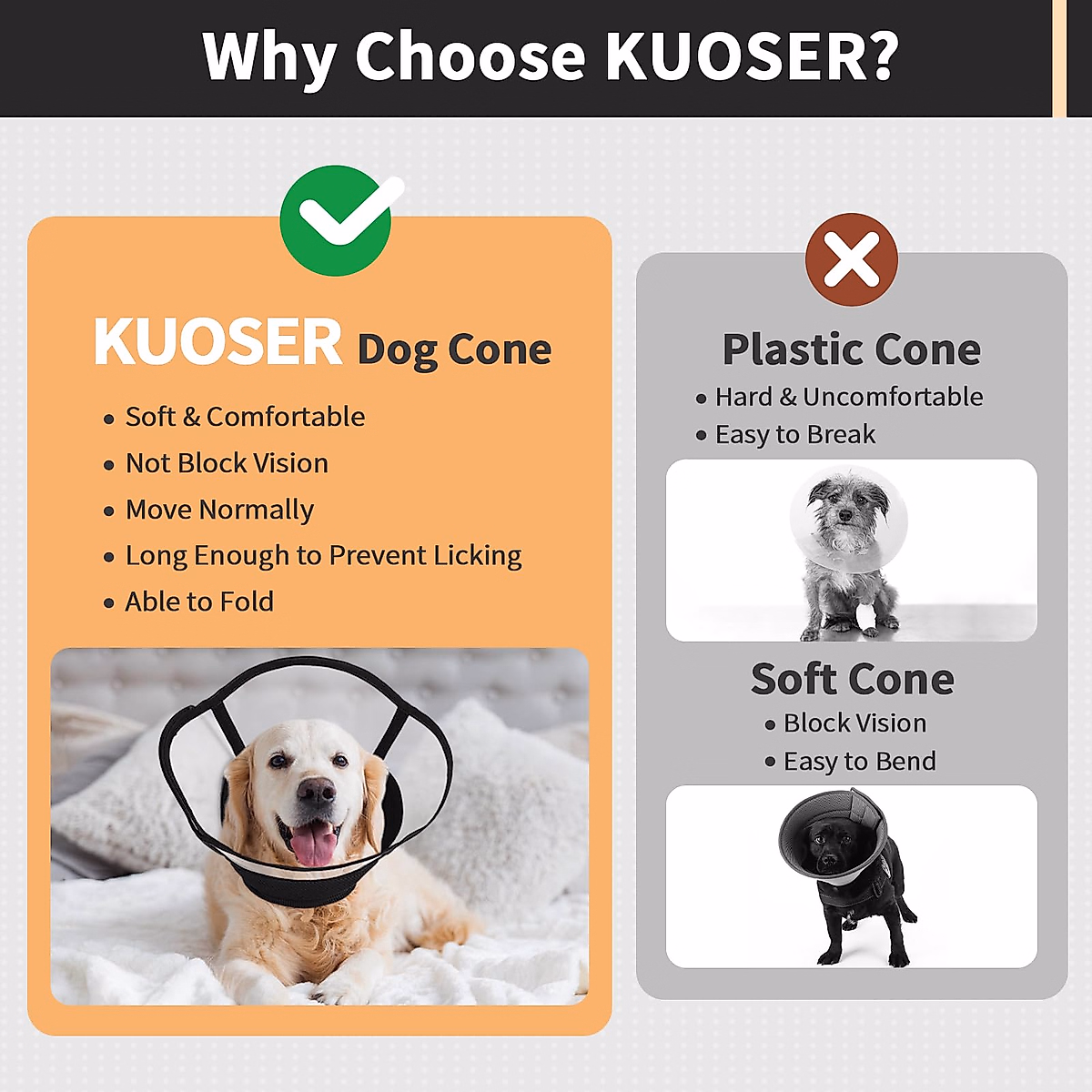 Kuoser Dog Cone, Adjustable Dog Cones for Small Dogs, Soft Dog Cone Collar for Dogs to Stop Licking, Comfy Pet Recovery Collars & Cones Alternative for Dogs After Surgery Wound Healing, Black S