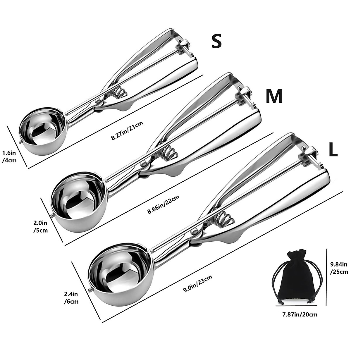 Ice Cream Scoop, 3Pcs Cookie Scoop Set, Stainless Steel Cookie Scoops for Baking Set of 3, Cookie Scooper for Baking, Ice Cream Scooper with Trigger Release, Cookie Dough Scoop, Cupcake Scoop