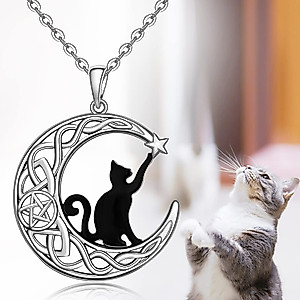 Fenthring Black Cat Necklace Sterling Silver Crescent Moon Celtic Knot Cat Necklaces for Women Cute Animal Infinity Pentacle Cats Halloween Christmas Holiday Jewelry