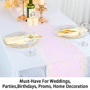 ShinyBeauty Sequin Table Runner 108 Inches Long Pack of 5 Iridescent Sequin Table Runner Christmas Decor Glitter Runner Tablecloth Hemstitch Table Runners for Baby Shower(12x108 x5pcs)