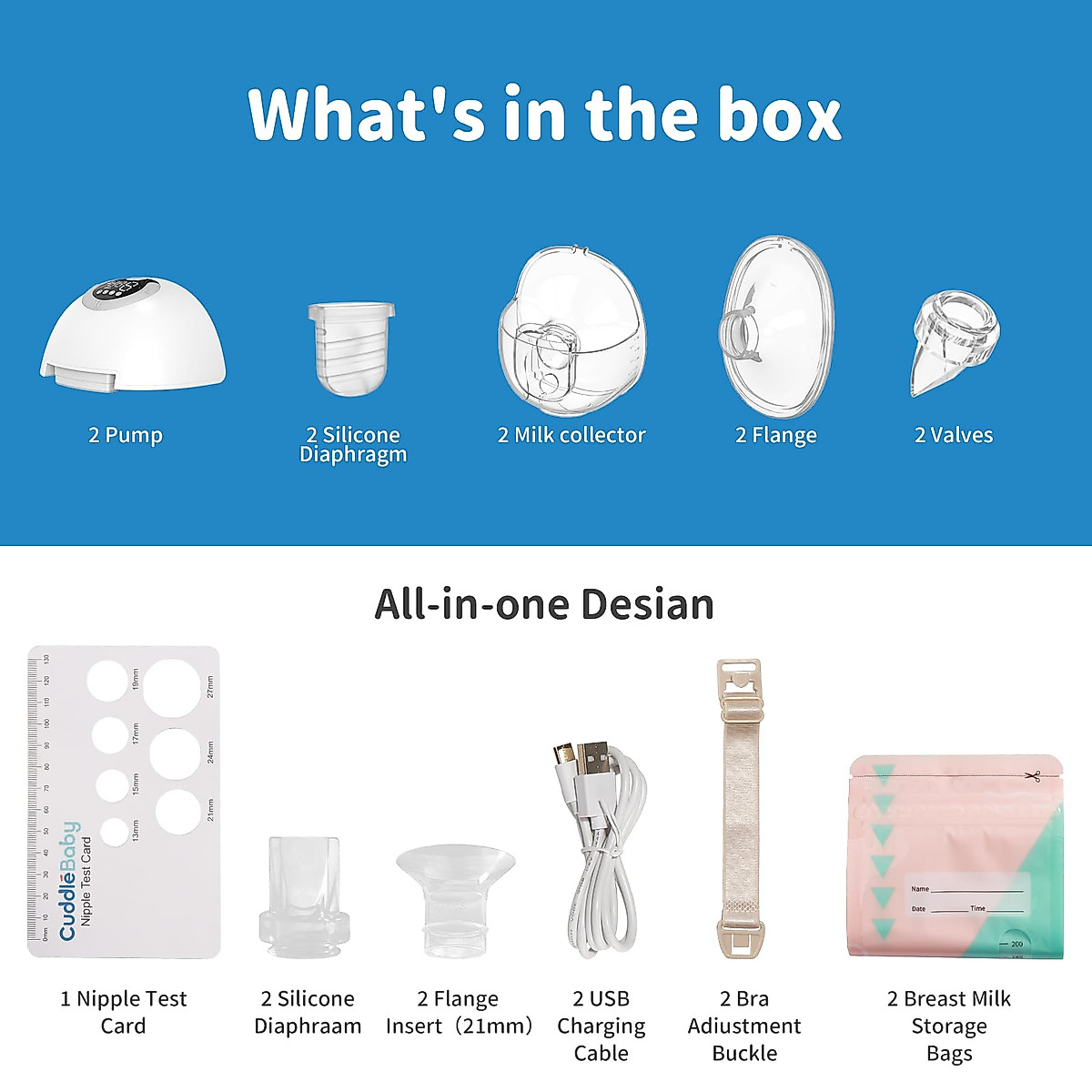 CuddleeBaby Breast Pump Hands Free, Wearable Breast Pump, Eletric Double Portable Breast Pump with 4 Modes & 9 Levels, LCD Display, Long Battery Life Wearless Double Milk Extractor,24mm,2 Pack