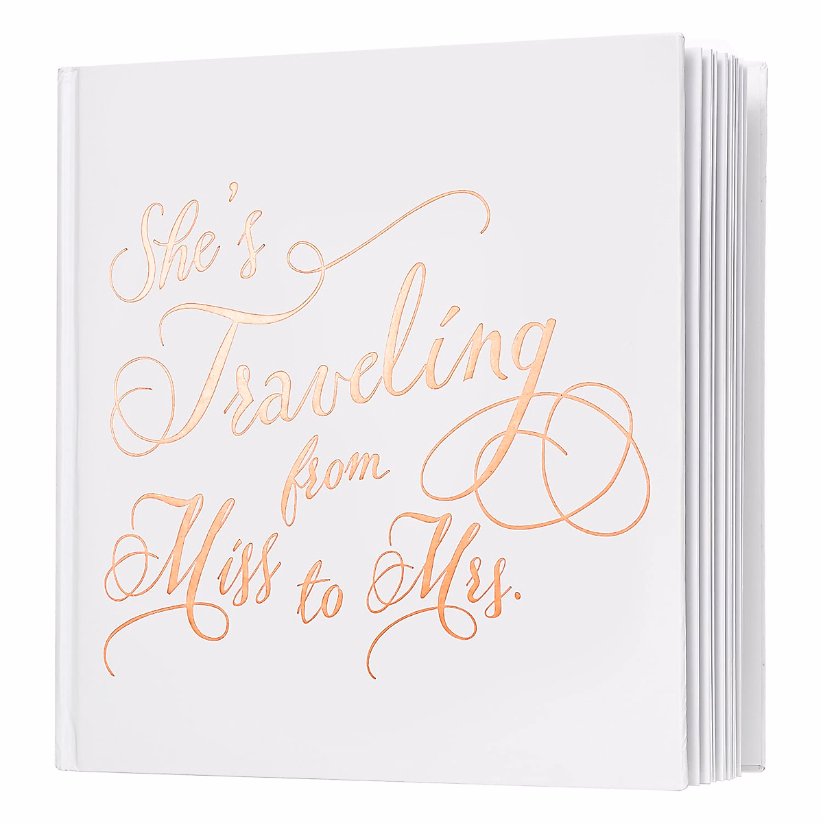 Calculs She's Traveling from Miss to Mrs Polaroid Bridal Shower Guest Book 8.5" Square Bride to Be Scrapbook, White Cover, Rose Gold Foil Stamping, Blank White Pages for Instax