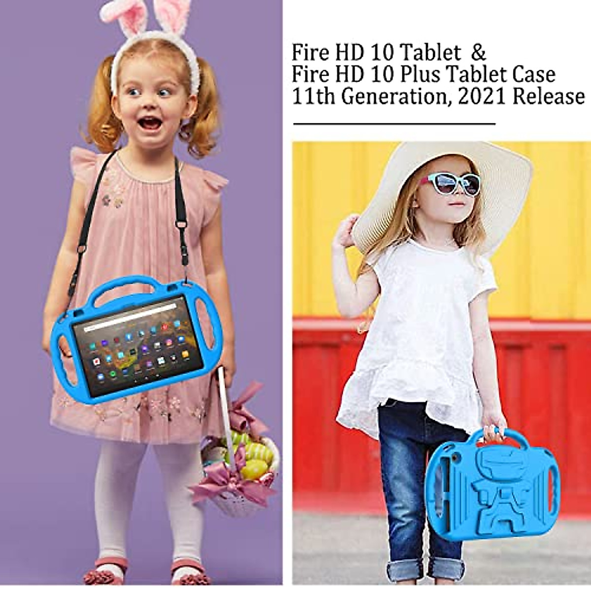 LTROP Kids Case for Fire HD 10 and Fire HD 10 Plus (11th Generation, 2021 Release) 10.1-Inch with Shoulder Strap, Light Weight Shockproof Kid-Proof Handle Stand Cover Case for Fire HD 10 2021, Blue