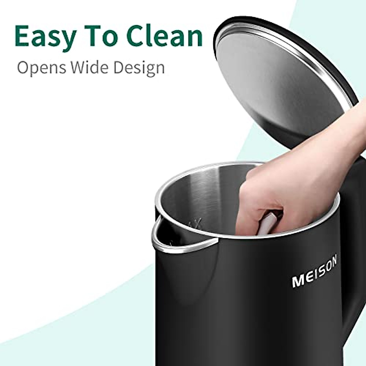 MEISON Electric Kettle, 1.7 L Double Wall Food Grade Stainless Steel Interior Water Boiler, Coffee Pot & Tea Kettle, Auto Shut-Off and Boil-Dry Protection, 1200W, 2 Year Warranty(Black)