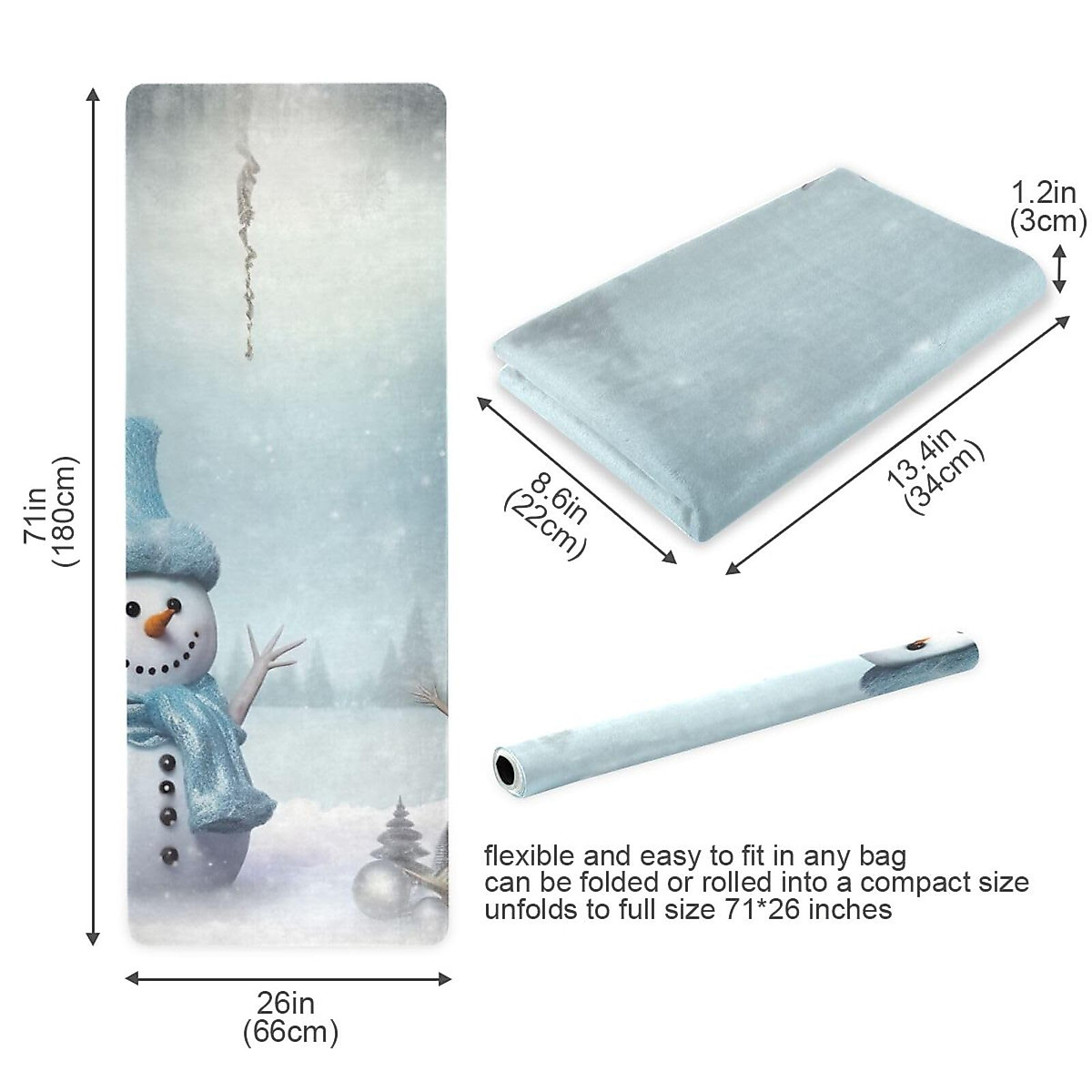 GOODOLD Christmas Snowman Yoga Mat, 71 x 26 Inch Non-slip Yoga Mats Folding Travel Exercise Mat Indoor Outdoor Gym Pilates with Storage Bag for Women Men