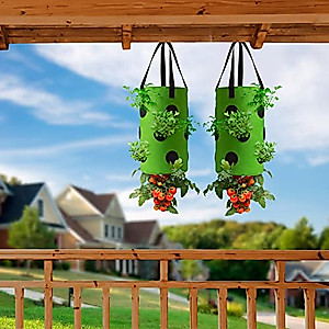 2 Pack Green Upside Down Tomato & Herb Planter, Outdoor Hanging Durable Aeration Fabric Strawberry Planter Bags