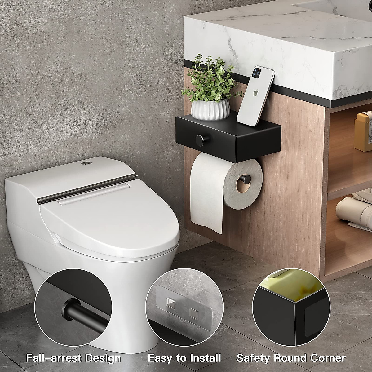 VOLDRA Toilet Paper Holder with Shelf Black Wipes Dispenser for Bathroom Toilet Paper Holder with Storage Upgrade Drawer Design Toilet Tissue Holder Adhesive Small Bathroom Shelf Wall Mount