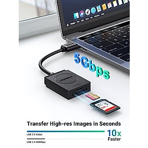 UGREEN SD Card Reader USB 3.0 Dual Slot Flash Memory Card Reader TF SD Micro SD SDXC SDHC MMC RS-MMC Micro SDXC Micro SDHC UHS-I for Mac Windows Linux Chrome Read 2 Cards Simultaneously