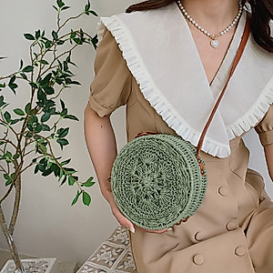 QTKJ Summer Beach bag, Handwoven Straw Bag, Round Hard Case Beach Tote Leather Shoulder Strap Designer Handbags for Women Shoulder Messenger Bag (Green)