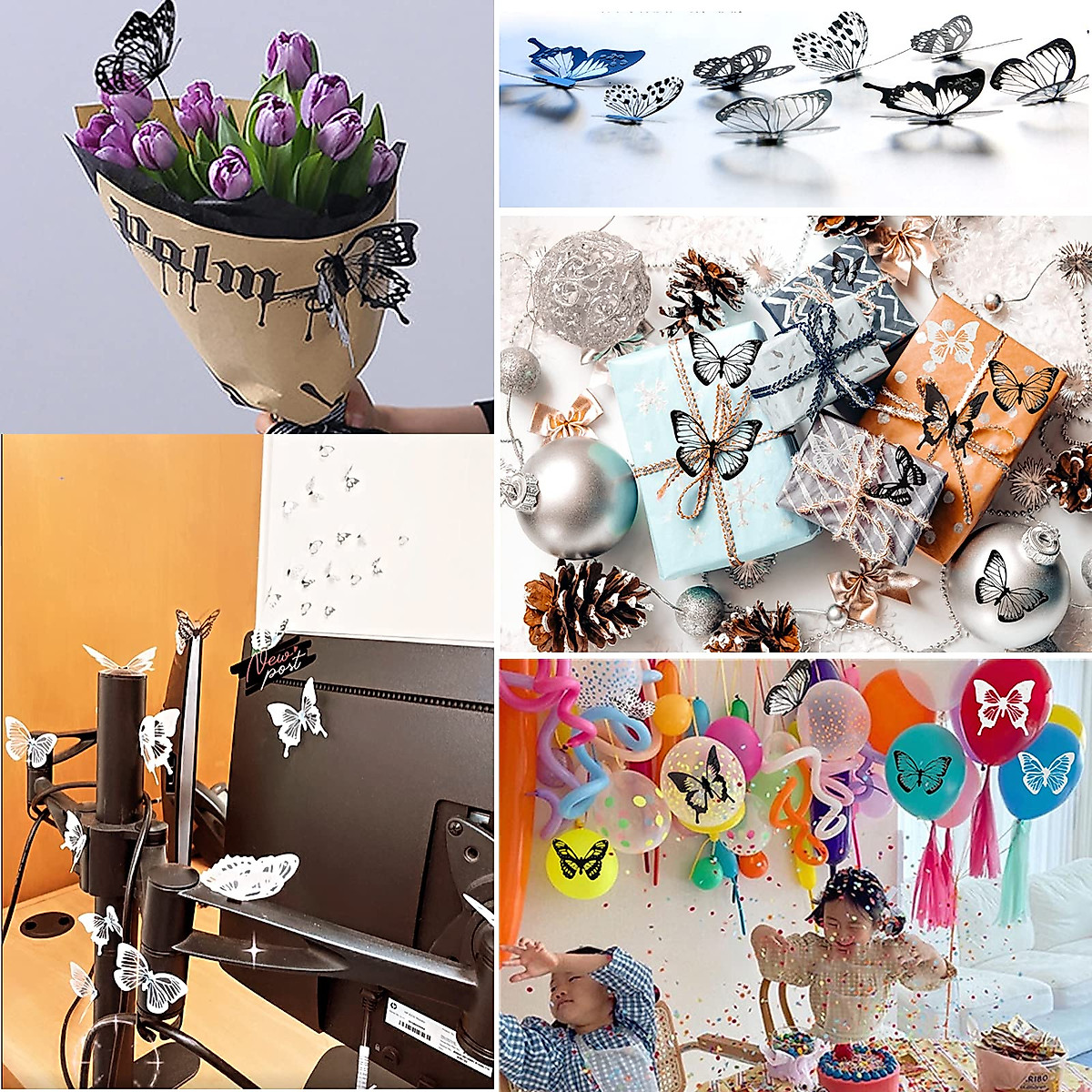 HZMM 72 Pcs 3D Butterfly Wall Stickers, Waterproof PVC, Black & White, Removable Paper Decals with Sticky Dots for Window, Furniture, Wedding, Baby Kids Bedroom Christmas DIY Decor