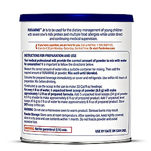 PurAmino Junior Hypoallergenic Toddler Drink, for Severe Food Allergies, Omega-3 DHA, Iron, Immune Support, Unflavored Powder Can, 14.1 Oz