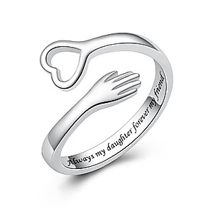 ACJFA I Love You Forever Love Heart Hug Ring Sterling Silver Women Mother Gift Sister Gifts Hugging Hands Adjustable Wrap Open Rings Friendship Jewelry Gift(Always my daughter forever my friend)
