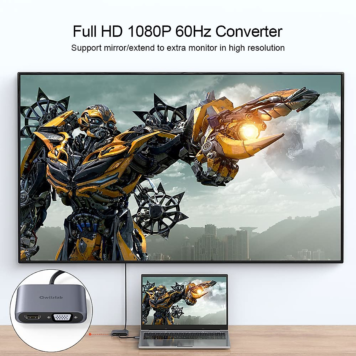 Qwiizlab USB 3.0 to HDMI VGA Adapter, 1080P@60Hz Video Converter, Supports Windows 7/8/10/11 Only, USB-A Data Port