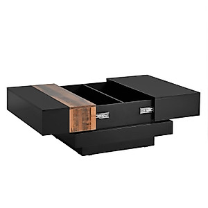 Bellemave Square Coffee Table High Gloss Center Table with Sliding Tabletop, Multi-Storage Sofa Table Extendable Cocktail Table with Hidden Storage Compartment for Living Room (Black)