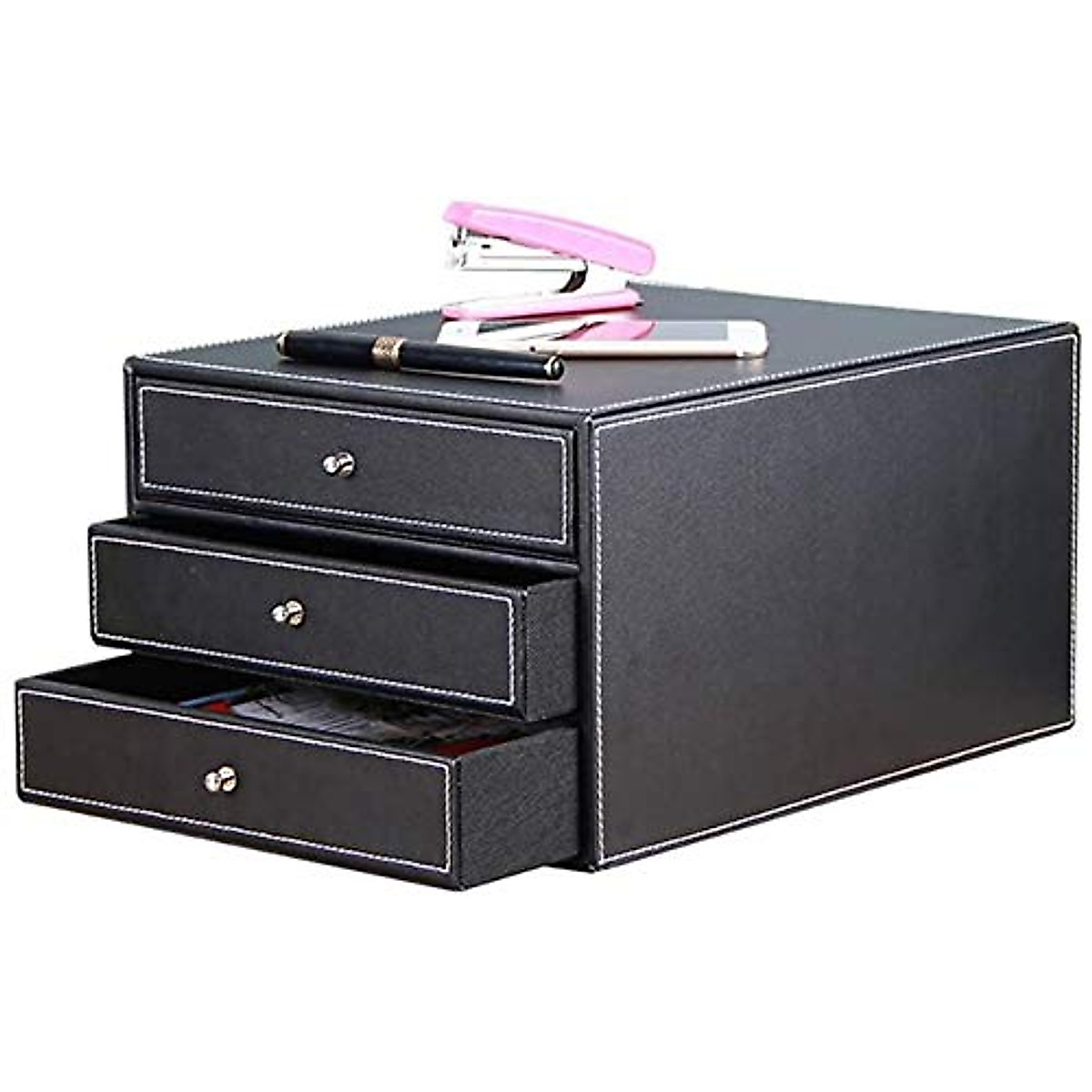 SHABOZ File Cabinets Multifunctional Storage Cabinet, Flat, 3-Layer Drawer Desktop Data Storage Box, Leather Office Cabinet Stacking Cabinet, Desktop Accessories (Brown)