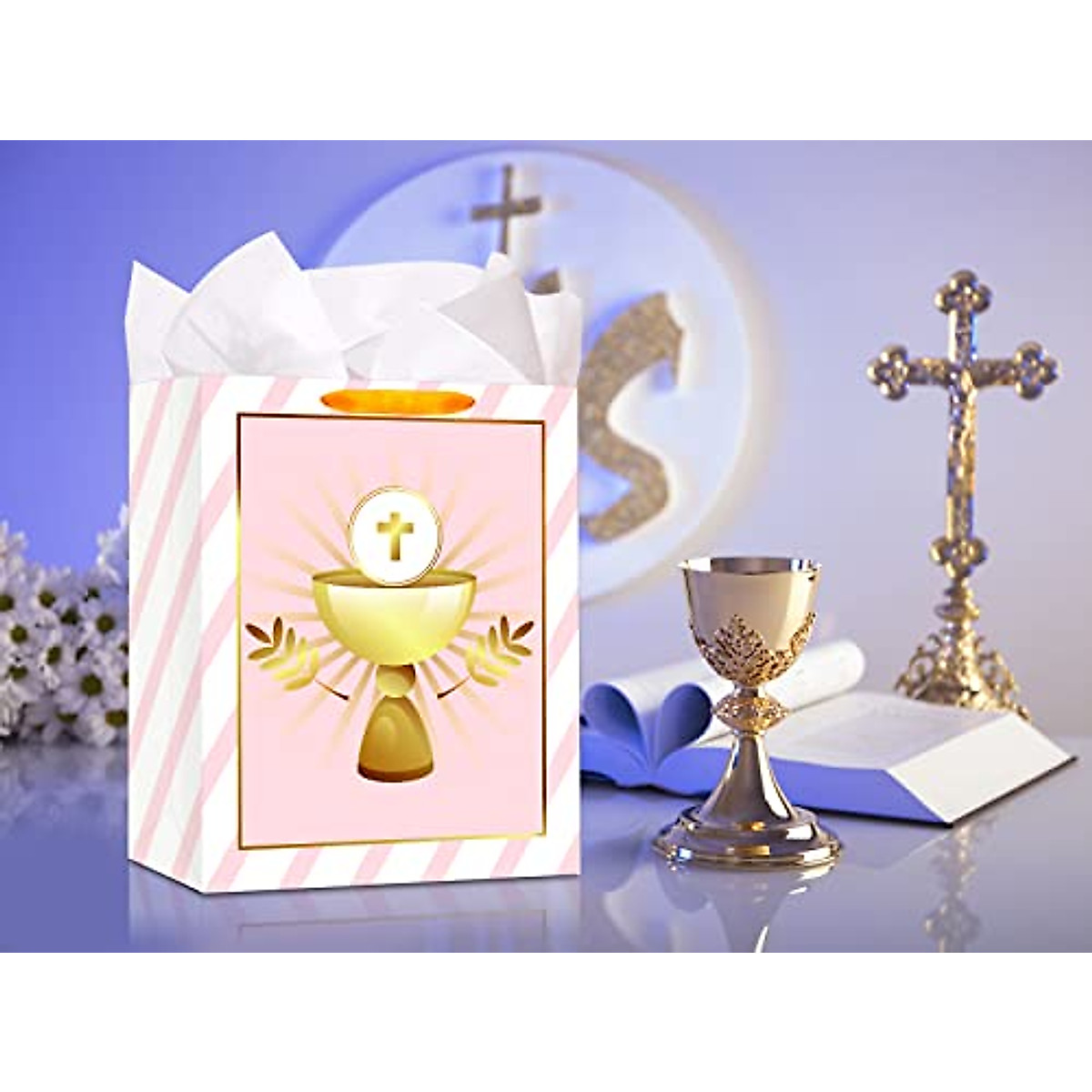 FaCraft First Communion Gift Bag for Kids Boys Girl 11" Baptism Gifts Bag with Handle Large Gift Bag with Tissue Paper for Christian Christenings Confirmations Religious Cross Gift Bags for Girl Boy