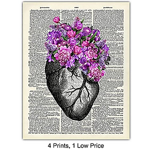 Heart Anatomy Wall Art Decor Set - Vintage Rustic Shabby Chic Floral Home Decorations for Cardiac, Coronary, Cardiology Patients, Medical Office - Gift for Doctor, Nurse Cardiologist - 8x10's UNFRAMED