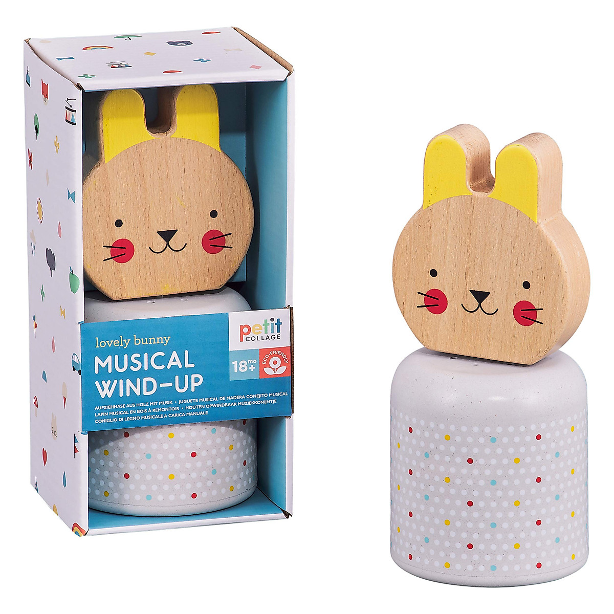Petit Collage Baby Wooden Wind-Up Musical Toy Bunny – Cute Animal Toy for Ages 18 Months and Older – Sooths Baby with Brahms’ Lullaby – Make an Inspired Gift for New Moms