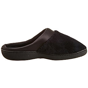 isotoner Women's Microterry PillowStep Satin Cuff Clog Slippers, Black, 7.5-8 B(M) US