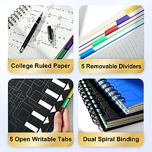 CAGIE Spiral Notebook for Work 240 Pages 5 Subject Notebooks College Ruled with Dividers Tabs A5 Small Spiral Bound Journal for School Office Supplies Note Taking, 5x7, Black