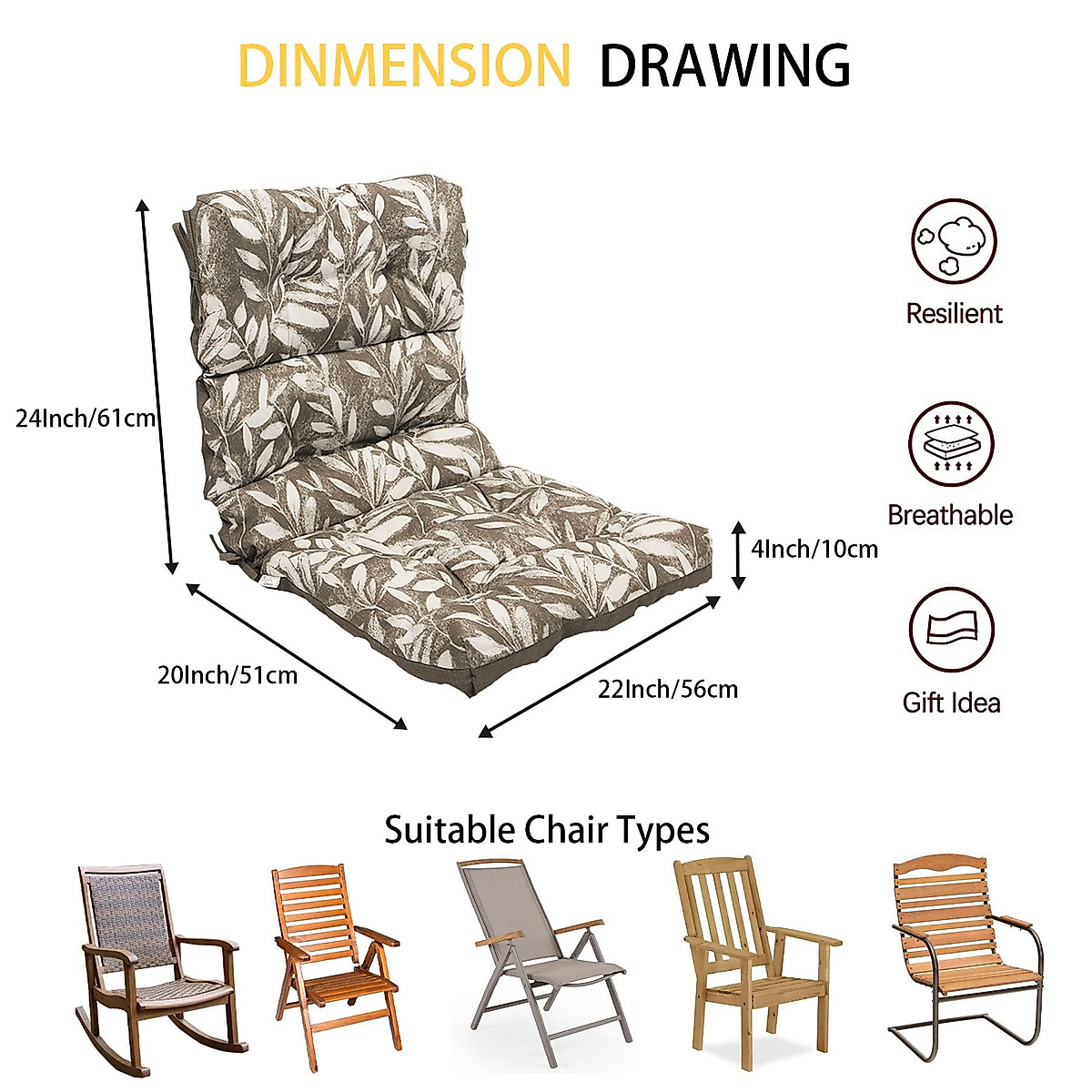 Sunshine Outdoor 44''x22''x4 Indoor/Outdoor High Back Chair Cushions,seat/Back Chair Cushions,All-Weather Deep Seating Rocking Chair Patio Garden Chaise Lounge Sun Lounger 2 Sets Grey Leaves