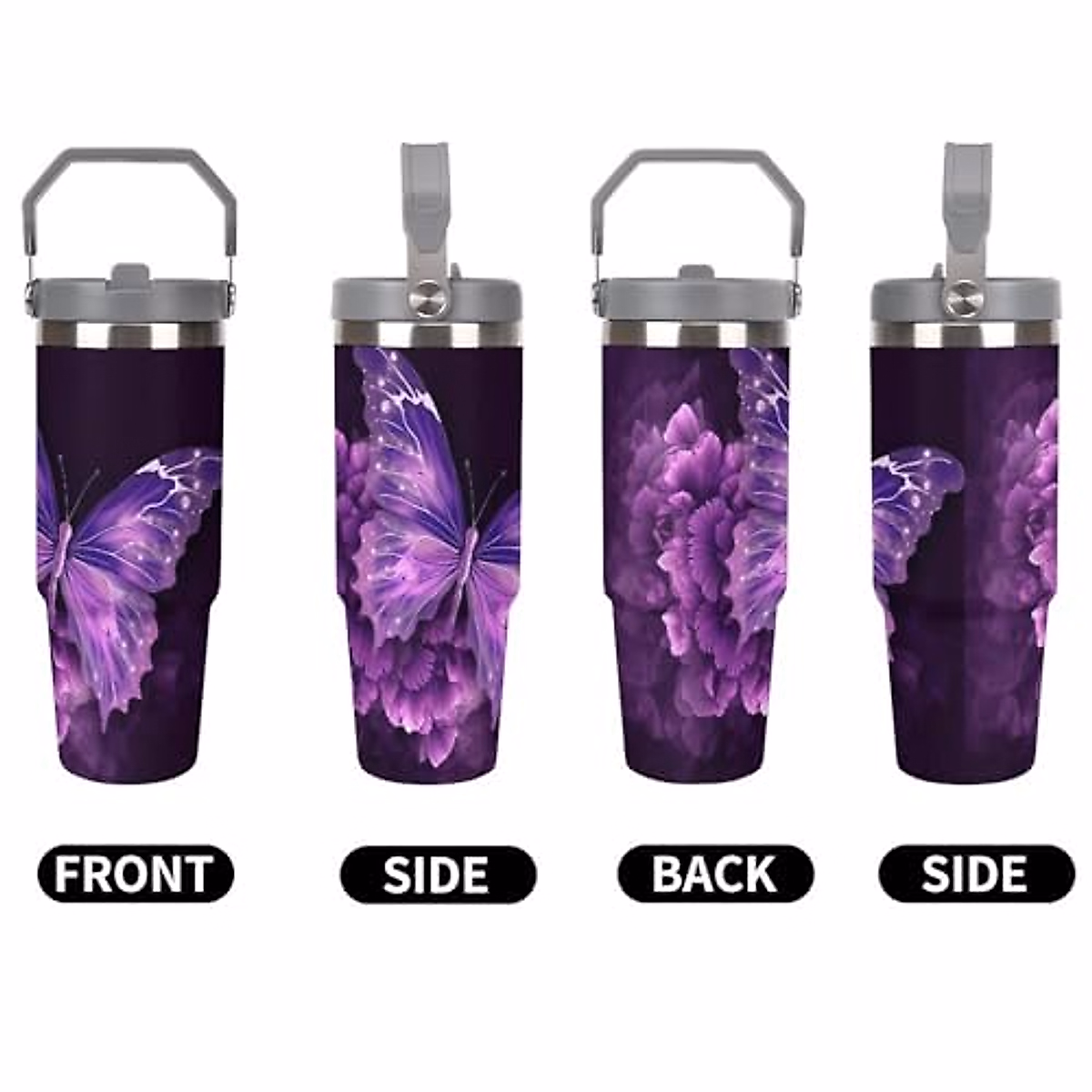 Beautiful Purple Butterfly Floral 30 Oz Tumbler with Handle And Flip Straw, Stainless Steel Vacuum Insulated Travel Mug, Thermal Cup for Coffee, Water, Iced Drinks, Fits Car Cup Holders (Home, Sports)