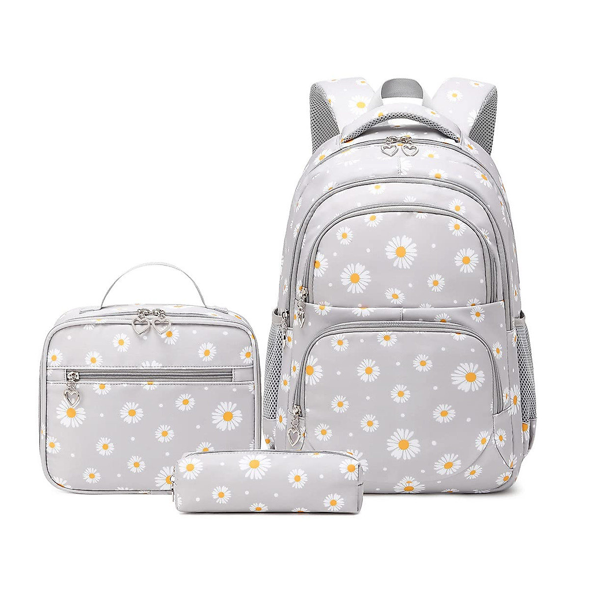 Daisy-Print 3Pcs School Bag Backpack Set for Teen Girls Elementary Middle Kids Waterproof Bookbag with Lunch Bag Pencil Case