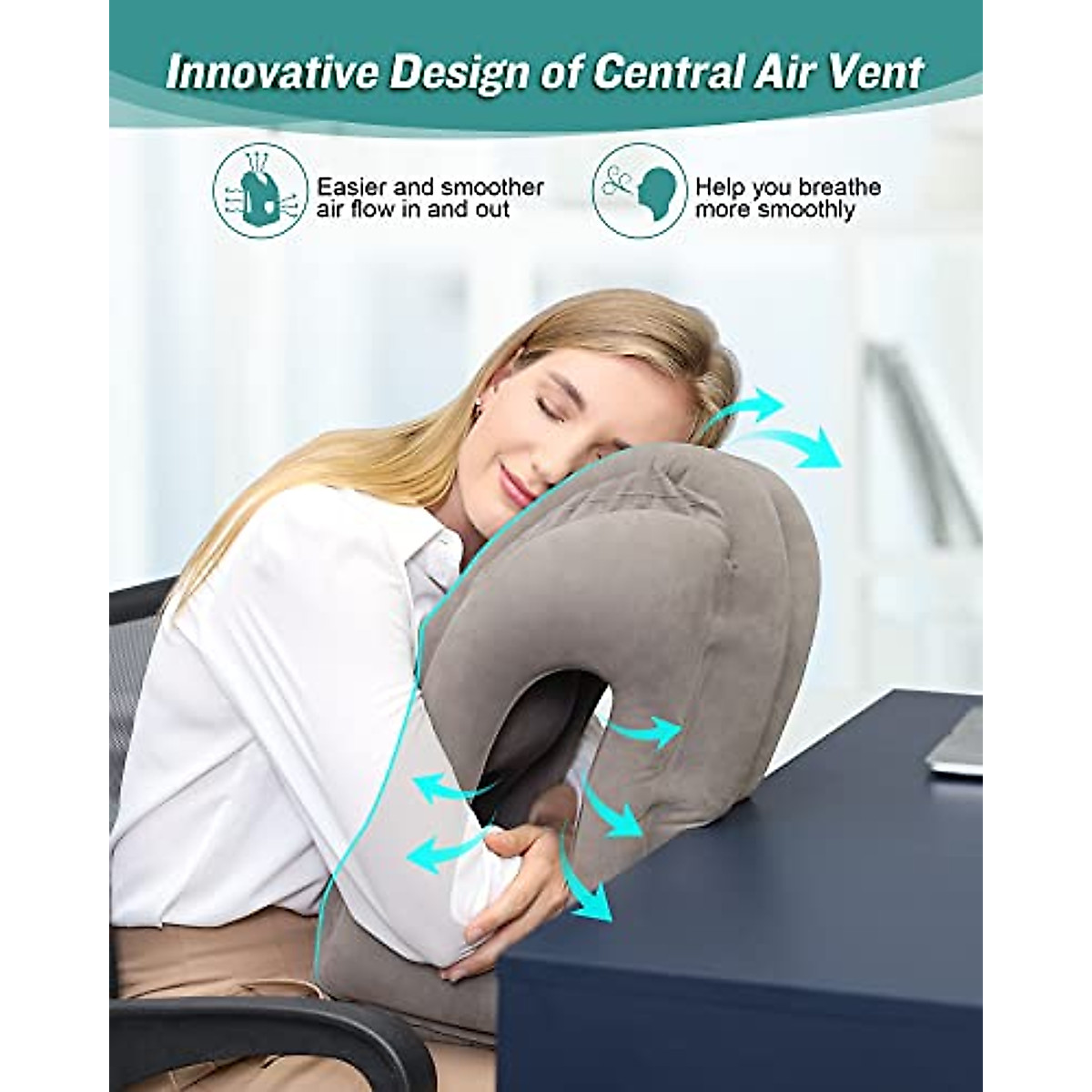 JefDiee Inflatable Travel Pillow, Airplane Neck Pillow Comfortably Supports Head and Chin for Airplanes, Trains, Cars and Office Napping with 3D Eye Mask, Earplugs and Portable Drawstring Bag (Grey)
