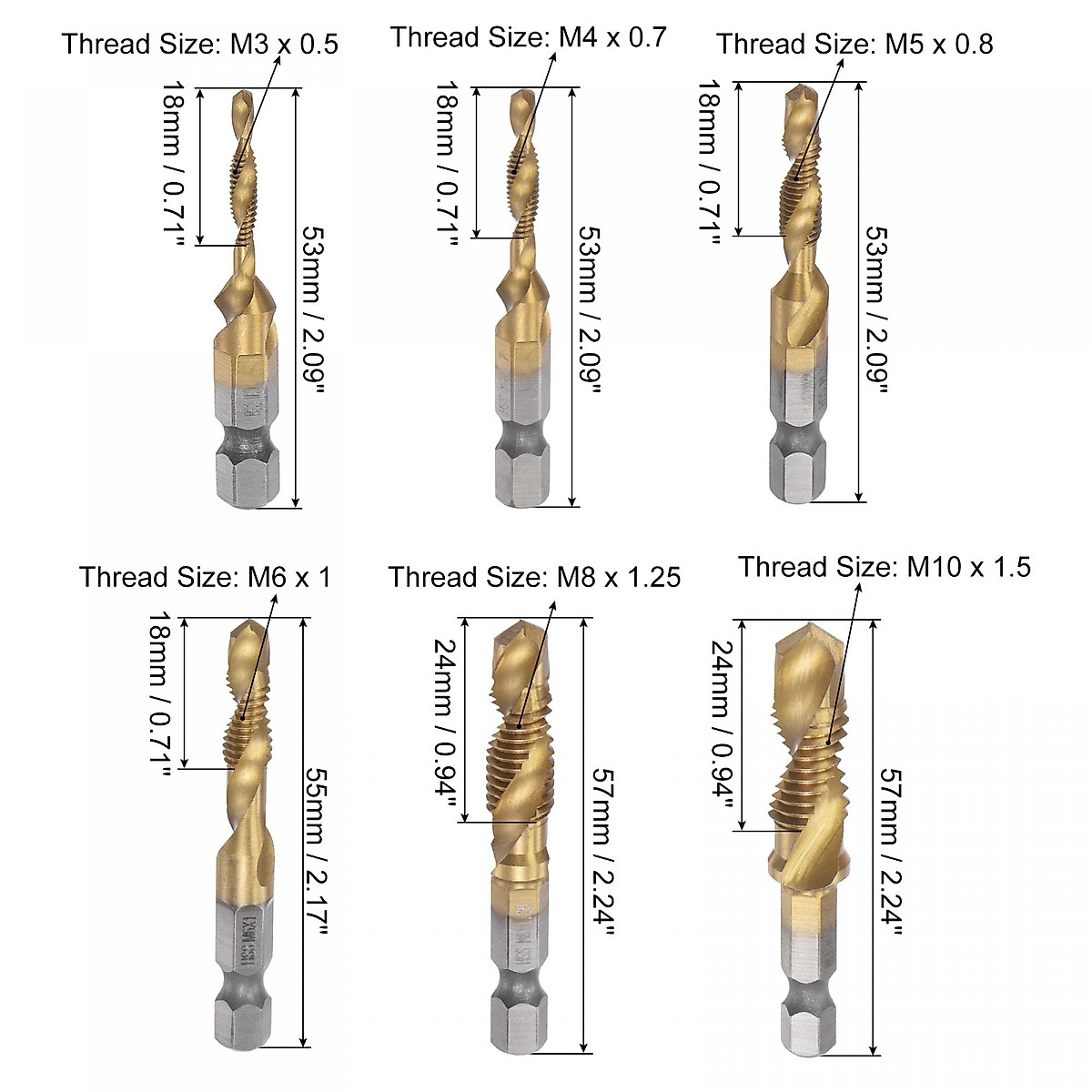 uxcell Combination Drill and Tap Bit Set, M3 M4 M5 M6 M8 M10 Titanium Coated High Speed Steel 4341 Spiral Flute Drilling Tapping Tool 1/4" Hex Shank 6pcs