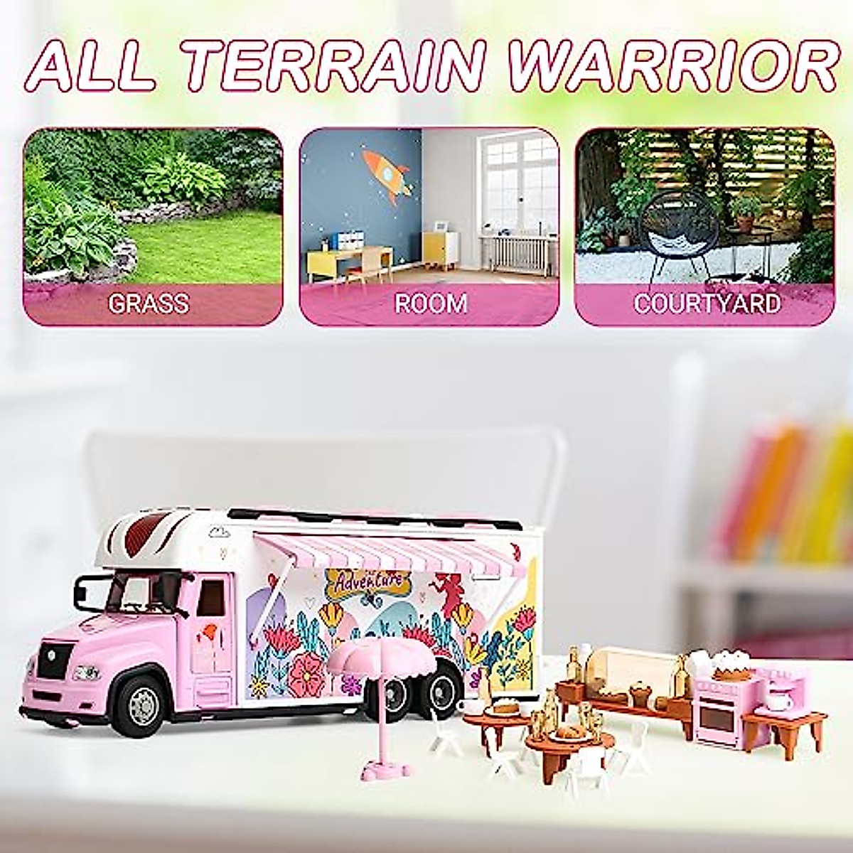 T.V.V Fashy Remote Control Car for Girls, with Music, Lights, and Mini Camping Furniture