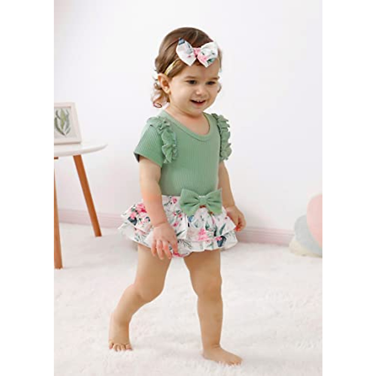 nilikastta Newborn Baby Girl Clothes Infant Girl Summer Outfit Ruffle Sleeve Romper Floral Shorts Bowknot Headband Set(Green,3-6M)