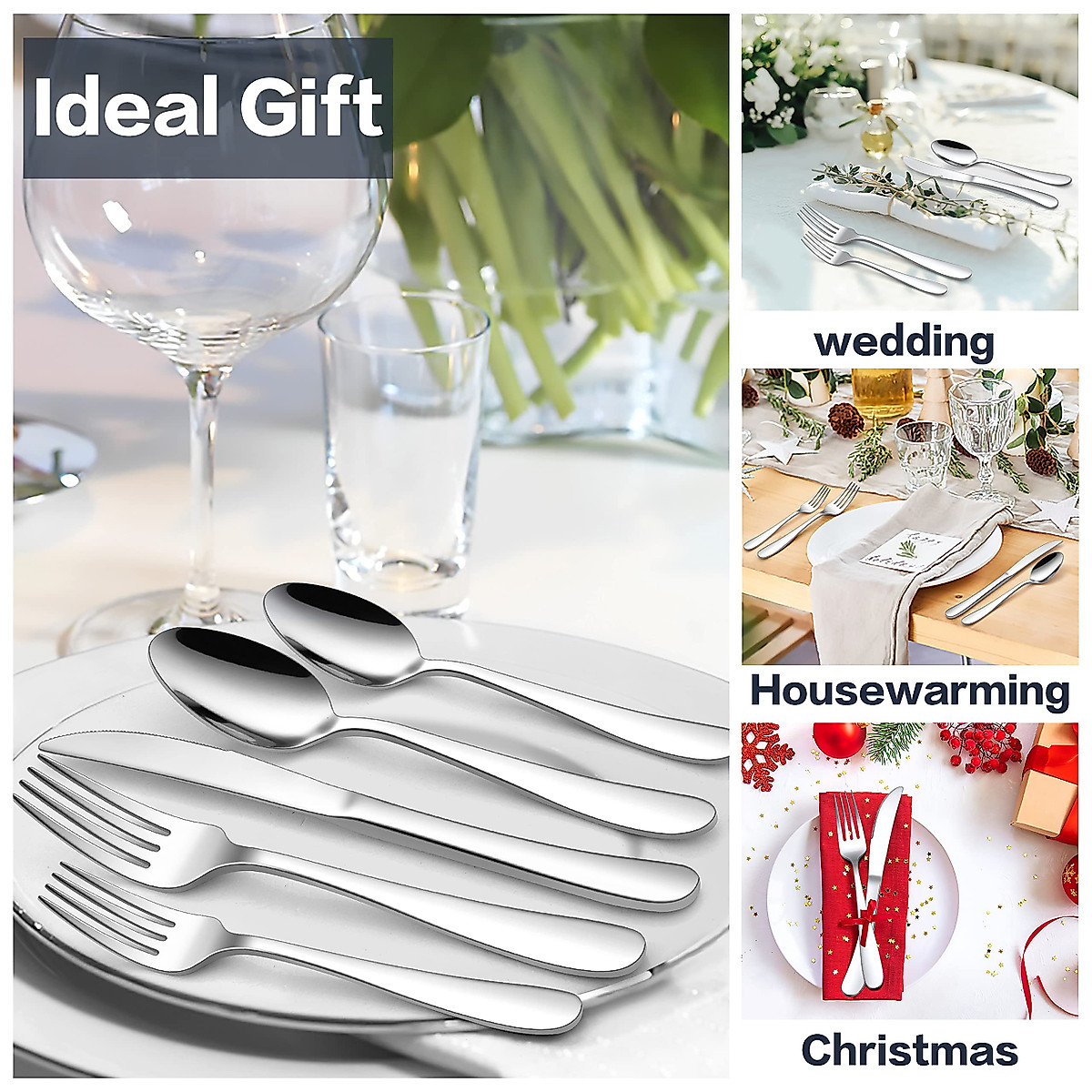 E-far 40-Piece Heavy Duty Silverware Set, Stainless Steel Flatware Cutlery Set for 8, Heavy Weight Tableware Eating Utensils Set for Kitchen Restaurant Wedding Party, Mirror Polished & Dishwasher Safe