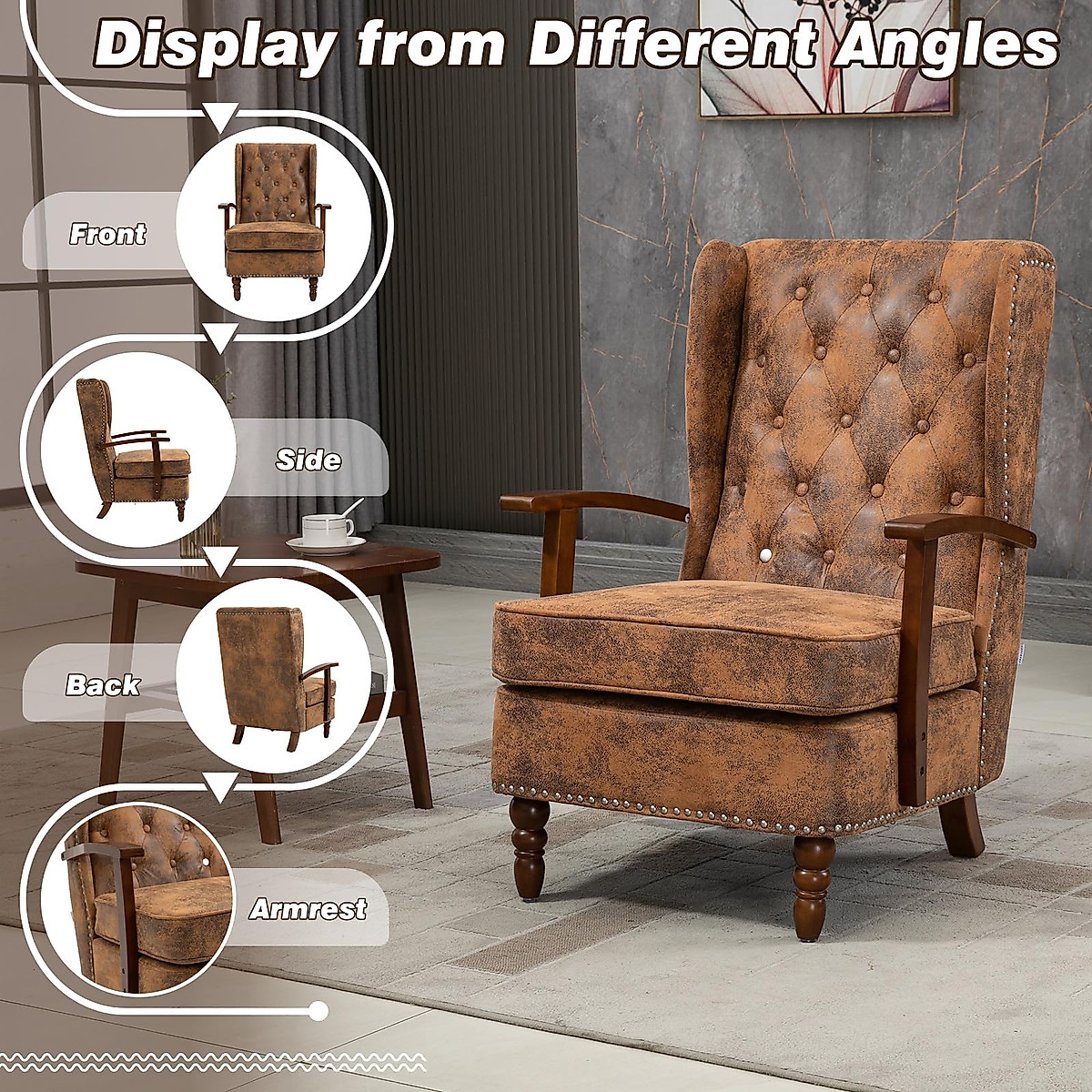 Mid Century Accent Chair Set of 2, Modern Wingback Comfy Armchair with Tufted Back and Nailhead Trim, Upholstered Sofa Arm Chair for Living Room, Bedroom, Office, Reading Room, Lounge, Coffee