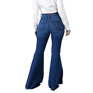 Maiyifu-GJ Women's Ripped Bell Bottom Jeans Destoryed High Waist Raw Hem Flared Jean Slimming Distressed Wide Leg Denim Pants (Dark Blue,Large)