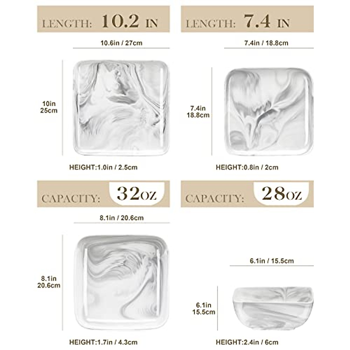 MALACASA Plates and Bowls Sets, 16 Piece Porcelain Square Dinnerware Sets for 4, Marble Dish Set with Dinner Plates, Dessert Plates, Soup Plates and Bowls, Modern Dishes Dinnerware Set, Series IVY