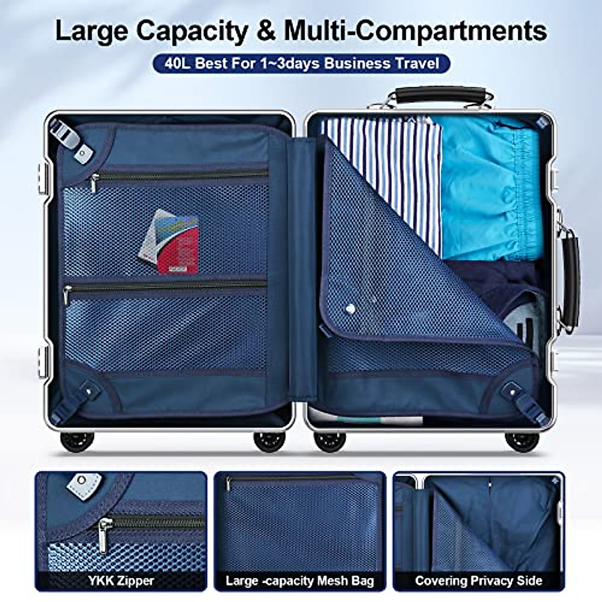 SOMODE LA SERIES Carry On Luggage 20inch Wide Handle Suitcase,Hardshell with Aluminum Frame,Supper-low noise Spinner Wheels & TSA Lock, Business Travel Carry-On Luggage (Black)