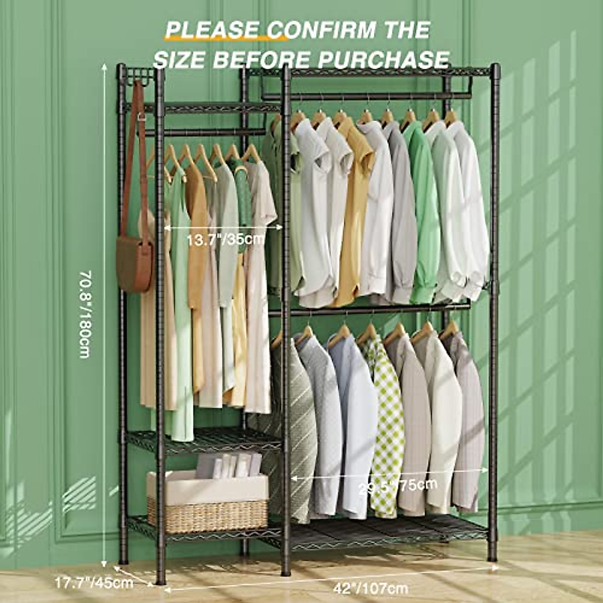 LEHOM G3 Garment Closet Rack Heavy Duty Freestanding Portable Wire Clothing Rack with Shelves, Adjustable, DIY Hanging Wardrobe Clothes Racks for Bedroom