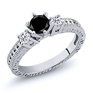 Gem Stone King 0.83 Ct Round Black Diamond White Topaz 925 Sterling Silver Ring (Size 7)