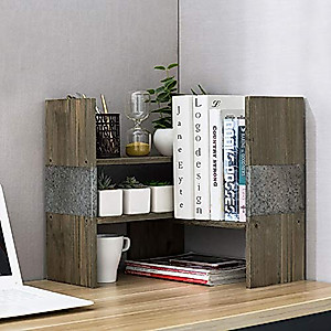 MyGift Rustic Brown Wood Desktop Shelf - Wooden Reclaimed Style and Galvanized Metal Adjustable Desk Bookcase Display Organizer