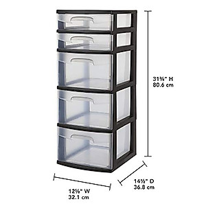 Sterilite 5 Drawer Tower Drawers & Carts, 12.63 Inches, Pack of 2, Black, 2 Count