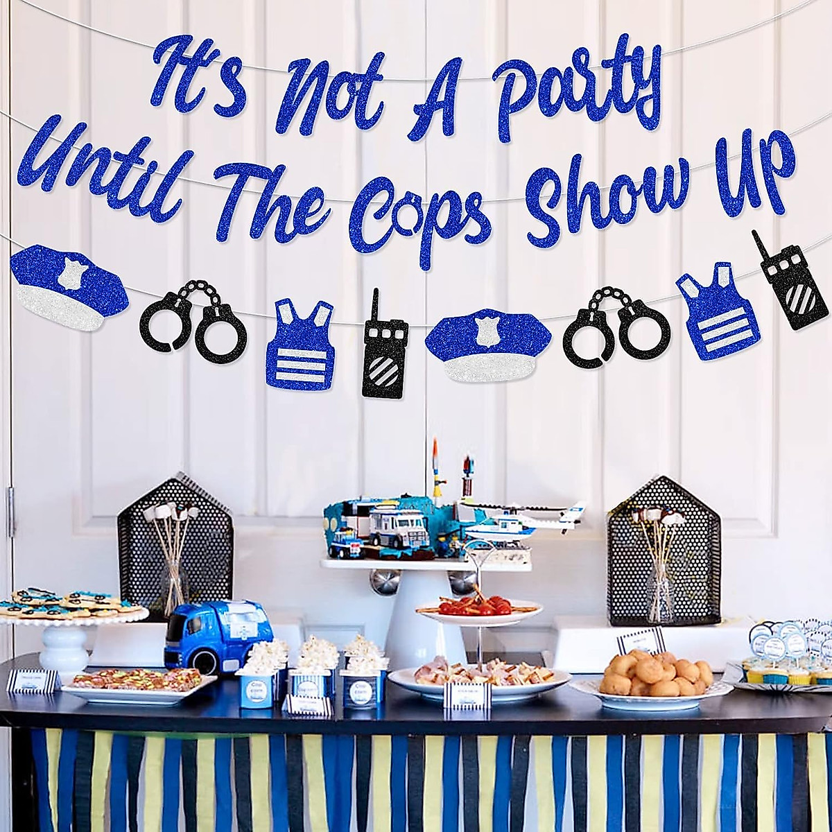 Police Banner Party Until The Cops Shown Up - Police Party Decorations Banner, Glitter Blue Police Banner Garland for Police Retirement Party