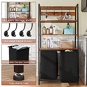 Furnulem 4 Tiers Laundry Hamper with Shelf and Hooks, Tall Laundry Basket Sorter with 2 Removable Laundry Bags, Ladder Shelves with Clothes Hamper for Laundry Room Bathroom Bedroom