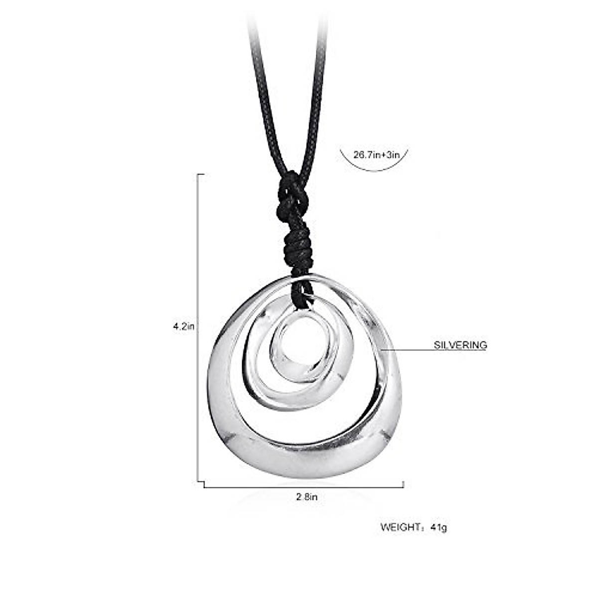 welbijoux Long Pendant Necklaces Silver Pendant Natural Black Rope Chain Bohemian Necklace for Women with Gift Box