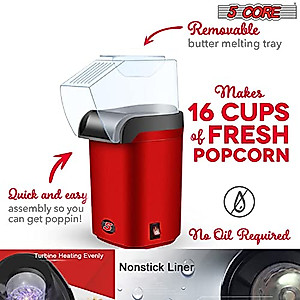 5 Core Hot Air Popcorn Popper 1200W Electric Popcorn Machine Kernel Corn Maker, Bpa Free, 16 Cups, 95% Popping Rate, 3 Minutes Fast, No Oil Healthy Snack for Kids Adults, Home, Party & Gift POP R