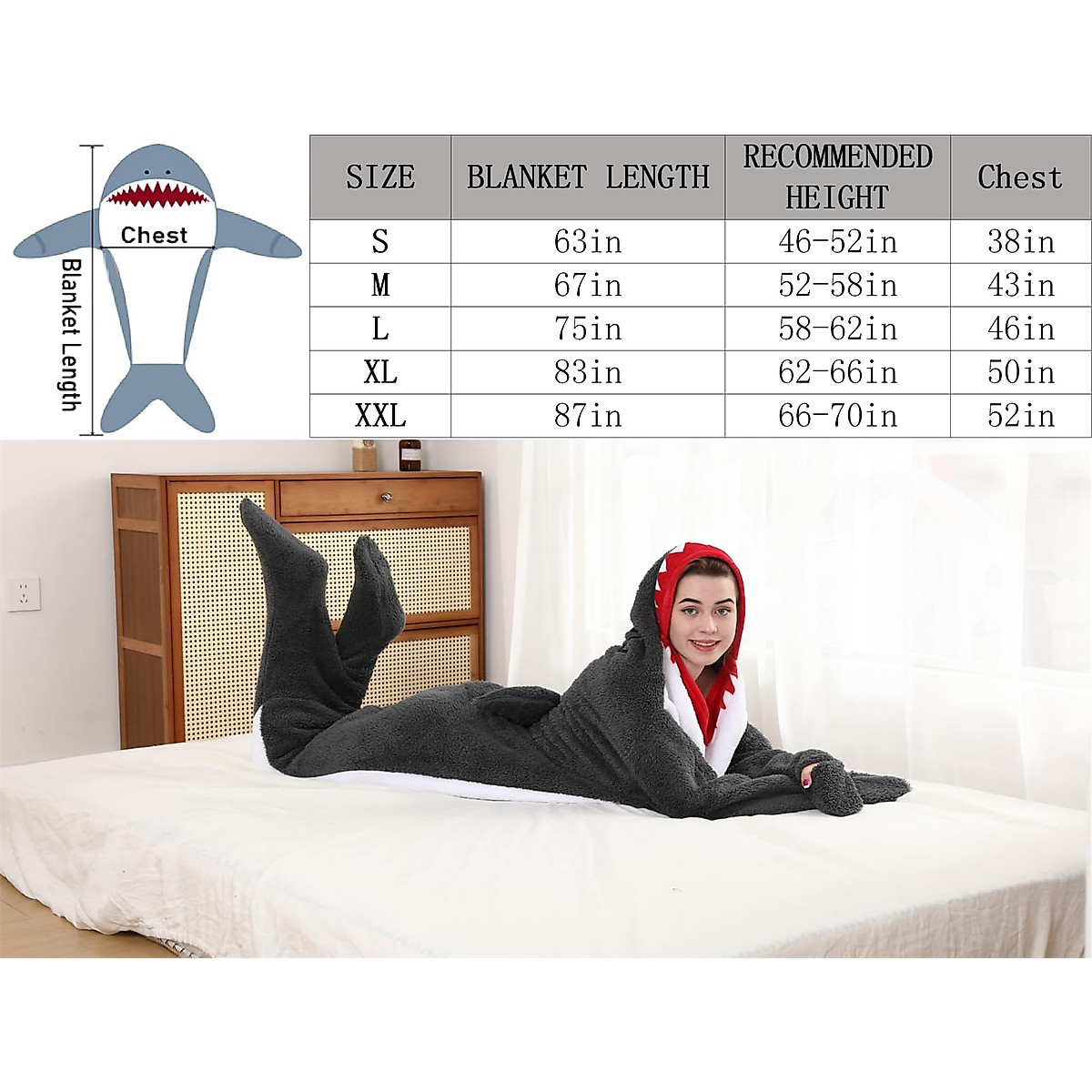 Yaruing Shark Wearable Blanket, Flannel Blanket Hoodie Onesie for Adult & Kids,Hooded Blanket with Sleeves, Soft Cozy Cosplay
