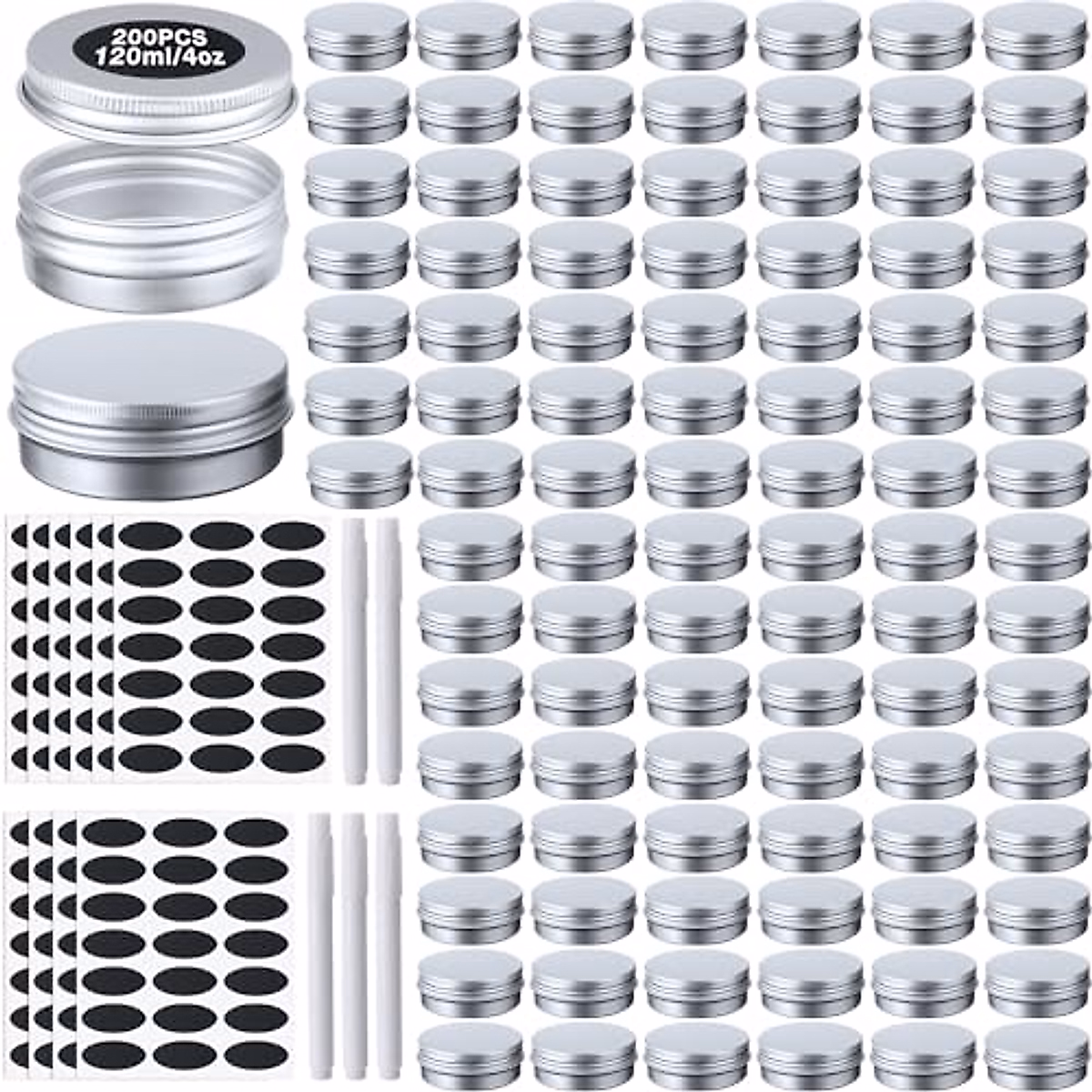 200 Pack Metal Tins Aluminum Containers with Lids Screw Top Round Tin Cans for Cosmetic Lip Balm DIY Salves Candles Wax with 5 Markers 10 Sheets Label Stickers (4 oz, Silver)